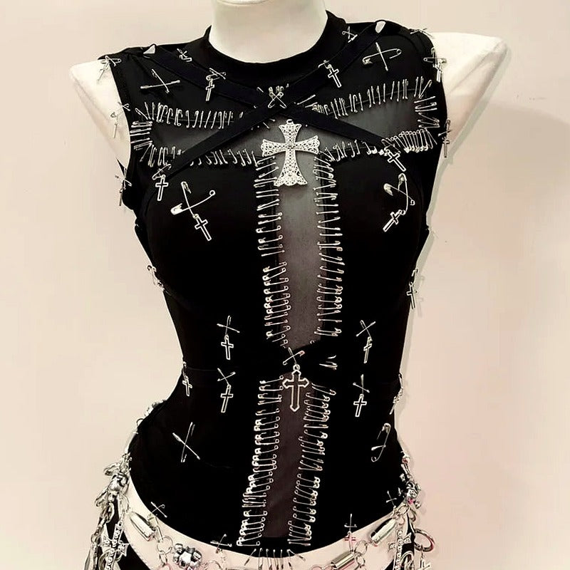 Safety Pin Cross Punk Top – Y2k Apparel